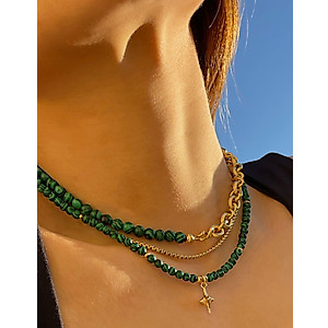 PEARLADA Boho Malachite Beaded Choker, Chakra Gemstone Necklace for Women, 18k Gold Star Charm Pendant Necklace