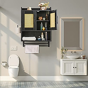 SUNTAGE Bathroom Wall Cabinet, Over Toilet Storage Cabinet w/2 Towel Bar, Paper Roll Holder & Adjustable Shelf in 9 Combinations, Medicine Cabinets Ideal for Bathroom, Living Room, Kitchen (Black)