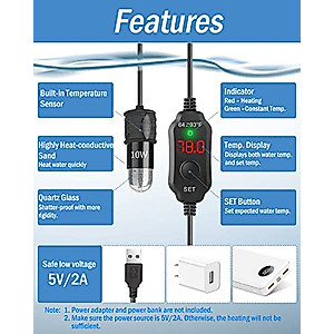 Kulife 5V/2A USB Powered 10W Super Mini Fish Tank Heater Adjustable Submersible Aquarium Heater Betta Heater Turtle Heater with LED Display Thermostat - for up to 1 Gallon Tanks