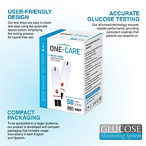 MediVena ONE-CARE Glucose Test Strips for use with ONE-CARE Meter, Blood Sugar, Diabetes, Glucose Monitoring, Glucometer Testing, Easy at Home Care Products, Fast & Acurate Results (50 Count/Box)