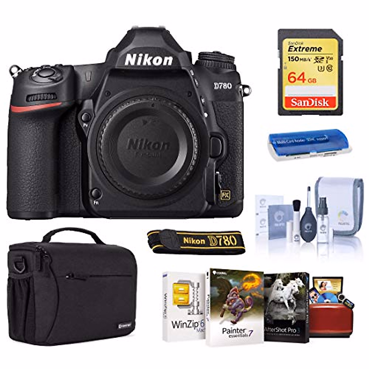 Nikon D780 FX-Format DSLR Camera Body Only Bundle with Case, 64GB SD Card, Mac Software Pack, Cleaning Kit, Card Reader