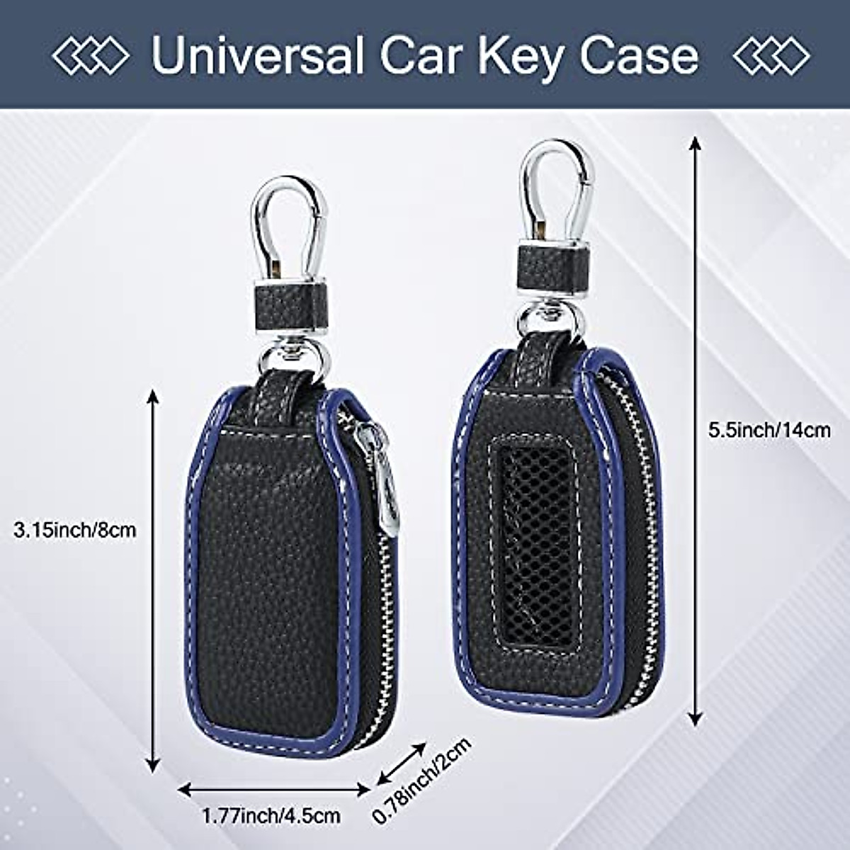 DAYGOS Universal Car Key Case Holder, Leather Car Smart Key Fob Cover with Hook and Keyring Zipper Bag, Keychain Protector Case for Remote Key Fob, Blue, 2 Pack