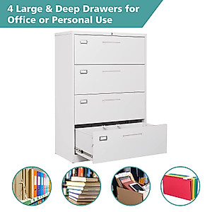 MIIIKO 4 Drawer Lateral File Cabinet with Lock, Black Office Filing Cabinet with Lock, Metal Horizontal Storage Cabinet with Large Drawers for Hanging Letter Legal File Folders