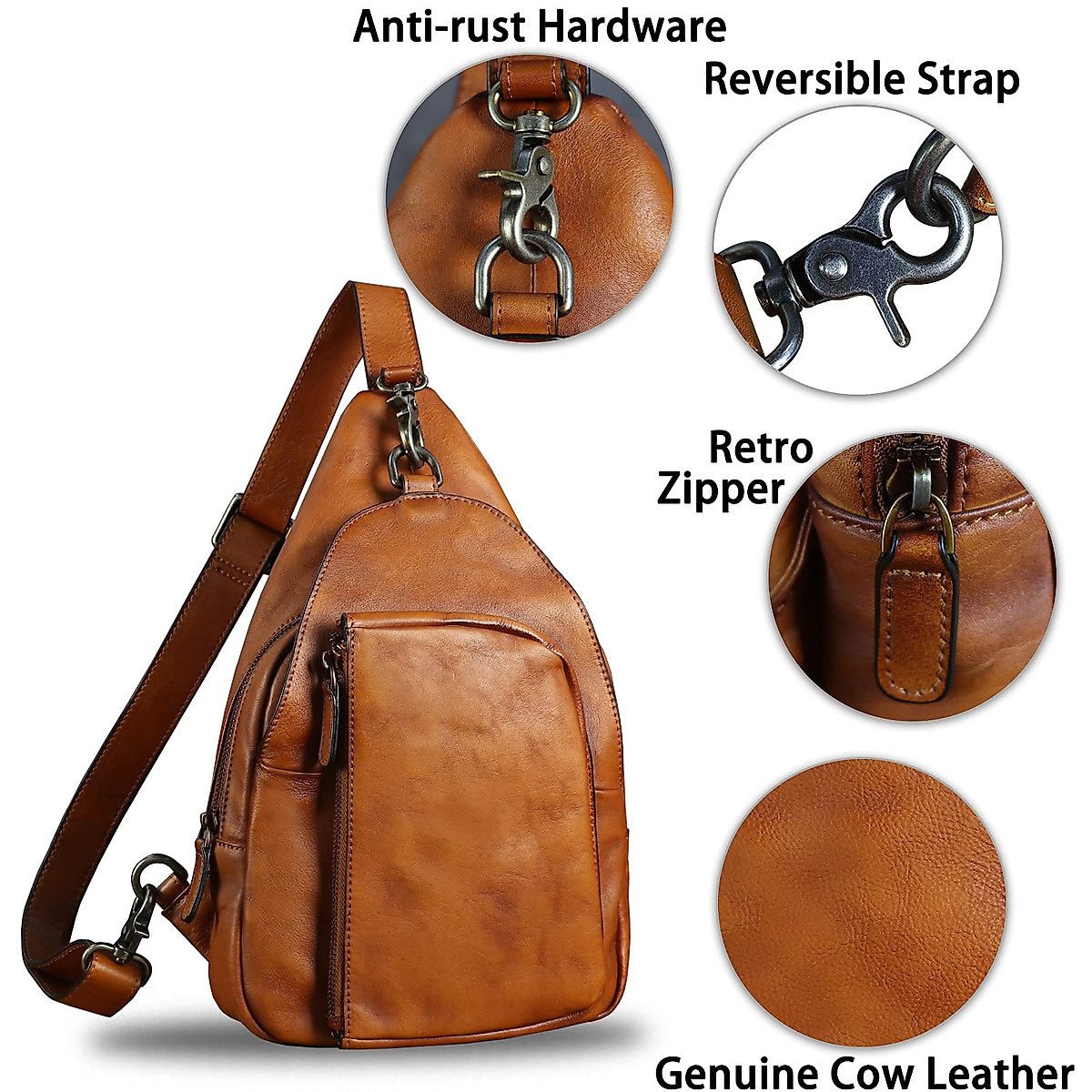IVTG Genuine Leather Sling Bag Vintage Crossbody Hiking Shoulder Bag Sling Backpack Retro Cowhide Handmade Casual Daypack Motocycle Bag Cycling Daypack (Brown)