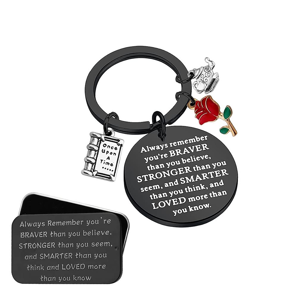 KUIYAI Fairytale Jewelry Belle Rose Charm Keychain Always Remember You’re Braver Than You Believe Keychain Inspirational Gift (BellesKBLK)