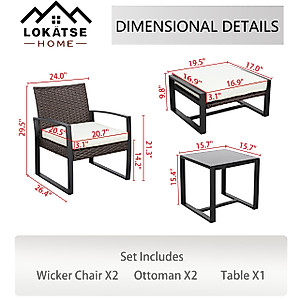 LOKATSE HOME 5 Pieces Patio Furniture, Outdoor Conversation Sets Rattan Wicker Chairs with Soft Cushion, Ottomans and Coffee Table for Balcony Poolside Front Porch Deck, Beige