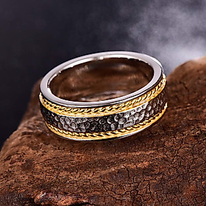 AVECON 6MM Wedding Band for Men 925 Sterling Silver 18K Gold Plated Hammered Engagement Unisex Rings Size 7