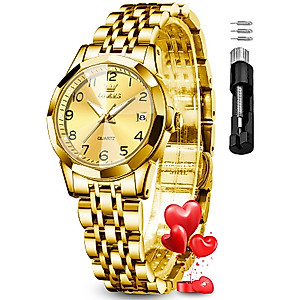 OLEVS Gold Womens Watch Fashion Dress Diamond Female Watches for Ladies Analog Quartz Stainless Steel Waterproof Luminous Day Date Two Tone Wristwatch