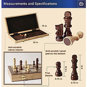 Fun+1 Toys! Wooden Chess Set for Adults and Kids, 15" Portable Chess Board Set with Chess Pieces & Drawstring Bag