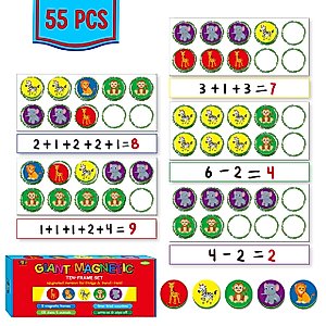 Magnetic Ten-Frame Set, 5 Frames & 55 Colorful Counters Ten Frame Math Games Jungle Themed Math Manipulative Counting Toys for Kindergarten Preschool, 5 Colors & 5 Animals (Fridge & Hand-held)
