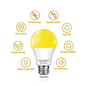 Yellow LED Bug Light Bulbs Outside, A19 LED Yellow Bug Bulb Outdoor 60W Equivalent, 9W Yellow Amber Bug Lights E26 Base Porch Lights, Non-Dimmable LED Lighting for Home, Patio, Deck, Backyard, 4 Pack
