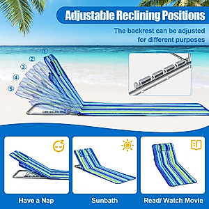 GYMAX Beach Chairs, Folding Tanning Lounge Chairs with Table Set, Adjustable Patio Floor Chair, Outdoor Sunbath Chair with Desk, Pillow & Storage Bag for Outside, Patio, Poolside (Blue Stripe)