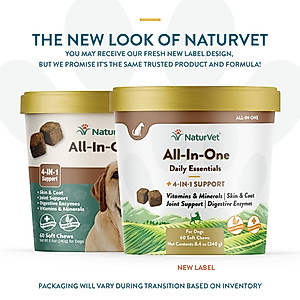 NaturVet All-in-One Dog Supplement - for Joint Support, Digestion, Skin, Coat Care – Dog Multivitamins with Minerals, Omega-3, 6, 9 – Wheat-Free Vitamins for Dogs – 60 Soft Chews