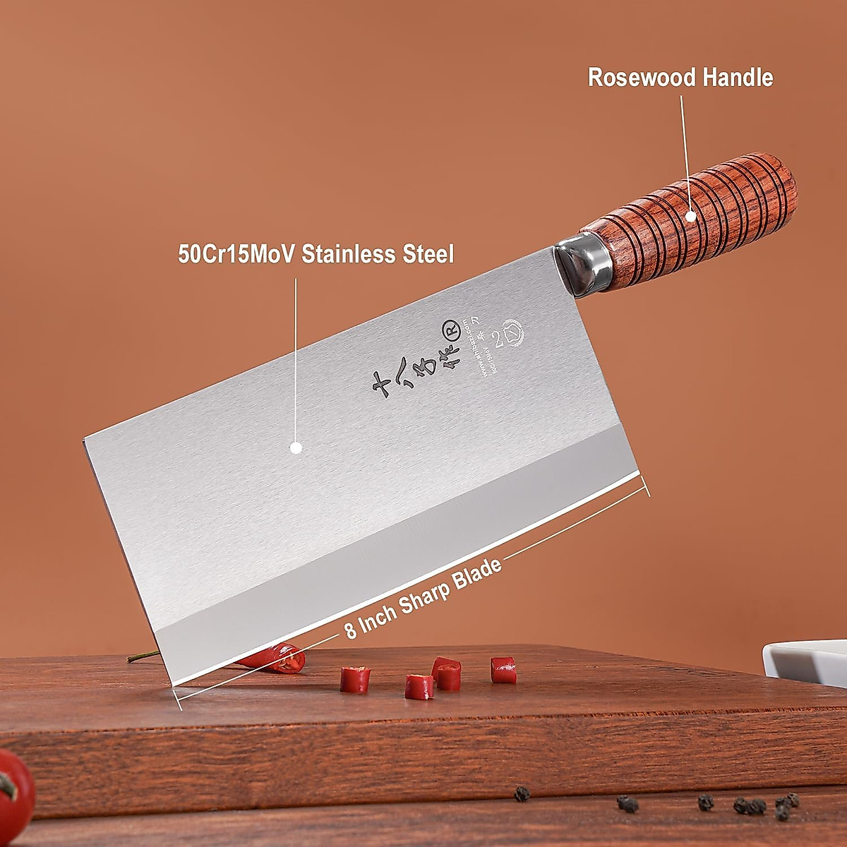 SHI BA ZI ZUO 8 Inch Forged Professional Chef Cleaver Vegetable Knife High Carbon Steel with Sturdy Rosewood Handle for Daily Basis