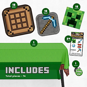 Minecraft Party Supplies, Minecraft Birthday Party Supplies for Boys or Girls - Serves 16 Guests - With Table Cover, Plates and More