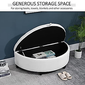 HOMCOM Half Moon Modern Luxurious Polyester Fabric Storage Ottoman Bench with Legs Lift Lid Thick Sponge Pad for Living Room, Entryway, or Bedroom, White