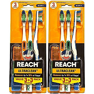 Reach Ultra-Clean Soft Toothbrush with Covers, Assorted Colors, 3 Count (Pack of 2) Total 6 Toothbrushes