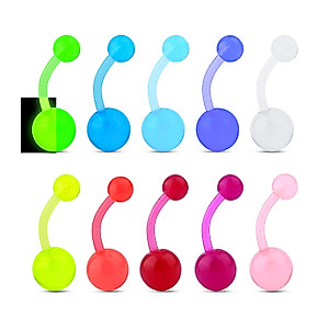 CM Crareesi Mania 10Pieces Belly Button Rings Glow in The Dark Belly Rings 14G Acrylic Flexible Banana Barbells Colorful Navel Piercing Jewellery Navel Bars