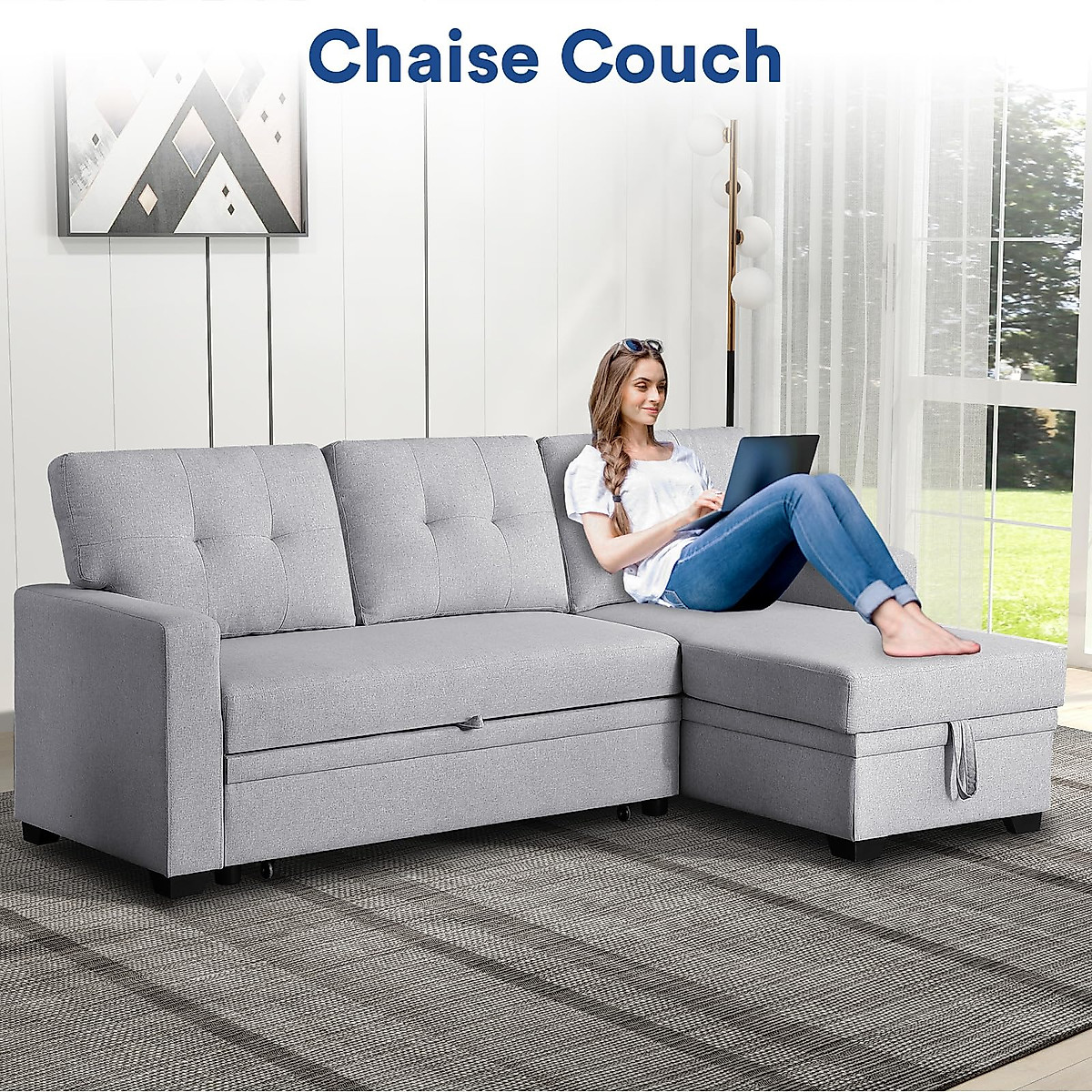 Rovibek 4-in-1 Convertible L Shaped Couch with Pull Out Bed and Storage, Sectional Sleeper Sofa with Reversible Chaise for Living Room, Apartment, Bedroom, Office