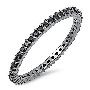 Sterling Silver Eternity Band Black Simulated CZ Thin 2mm Ring Stackable Size 10