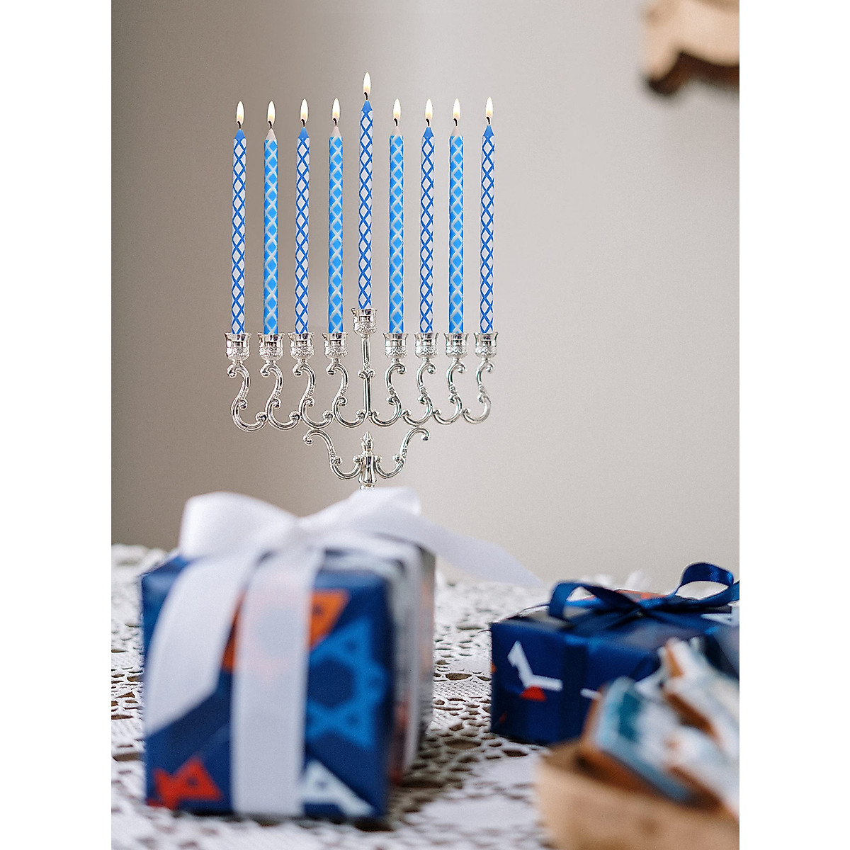 Dripless Chanukah Candles Standard Size - Diamond Etched Blue & White Hanukkah Candles Fits Most Menorahs - Premium Quality Wax - 45 Count for All 8 Nights of Hanukkah - by Ner Mitzvah