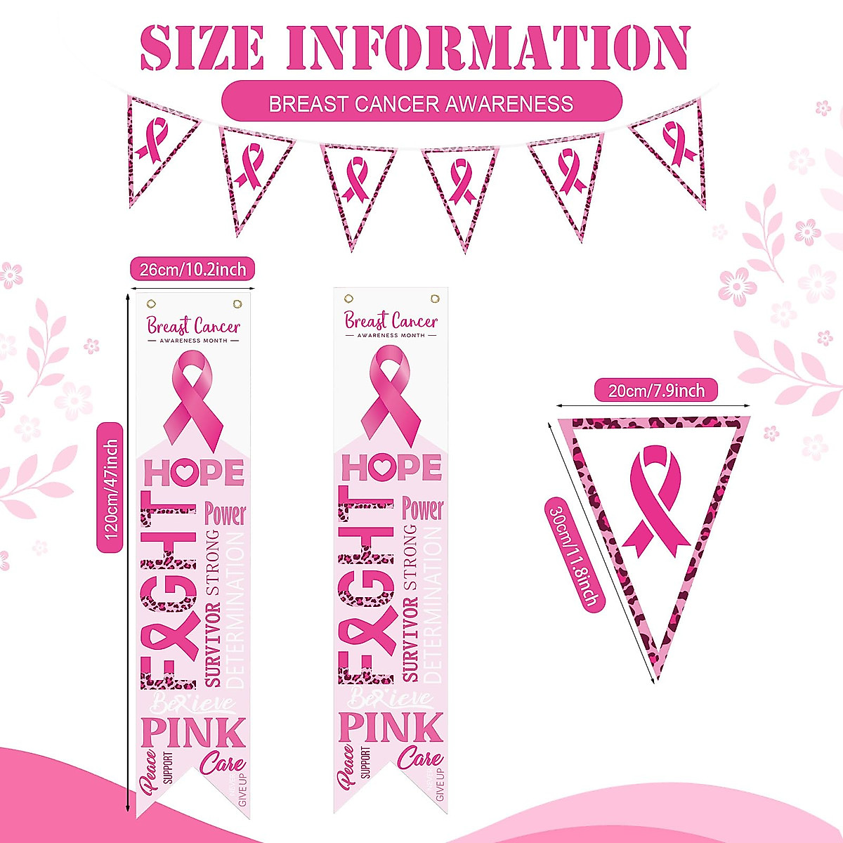 3 Pieces Breast Cancer Awareness Banner Porch Sign Set, Includes Pink Ribbon Pennant Banner, 2 Pieces Breast Cancer Ribbon Banner for Breast Cancer Awareness Party Decoration Supplies