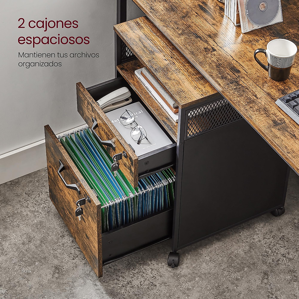 VASAGLE File Cabinet with Lock, Filing Cabinet with 2 Storage Drawers, for Hanging File Folders, Open Shelf, Home Office, Steel Frame, Industrial, Rustic Brown and Black UOFC077B01