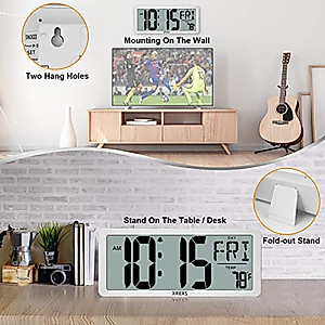 XREXS Large Digital Wall Clock, Electronic Alarm Clocks for Bedroom, Count Up & Down Timer, Battery Operated 14.17 Inch Large LCD Screen with Time/Date/Temperature Display