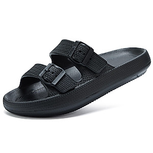 welltree Slides for Women Men Pillow Slippers Double Buckle Adjustable Sandals EVA Recovery Slides,Black,12 Women/10 Men