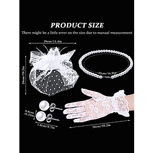 4 Pcs 50s Fascinators Hat for Women Tea Party with Short Lace Gloves Pearl Necklace Earrings for Wedding Halloween Funeral(White)