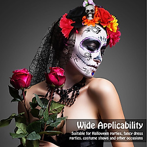 WILLBOND Day of the Dead Headband Halloween Crown Rose Floral Veil Headband with 8 Pcs Halloween Temporary Face Tattoos Dead Skull (Multi Color, Charming Style)