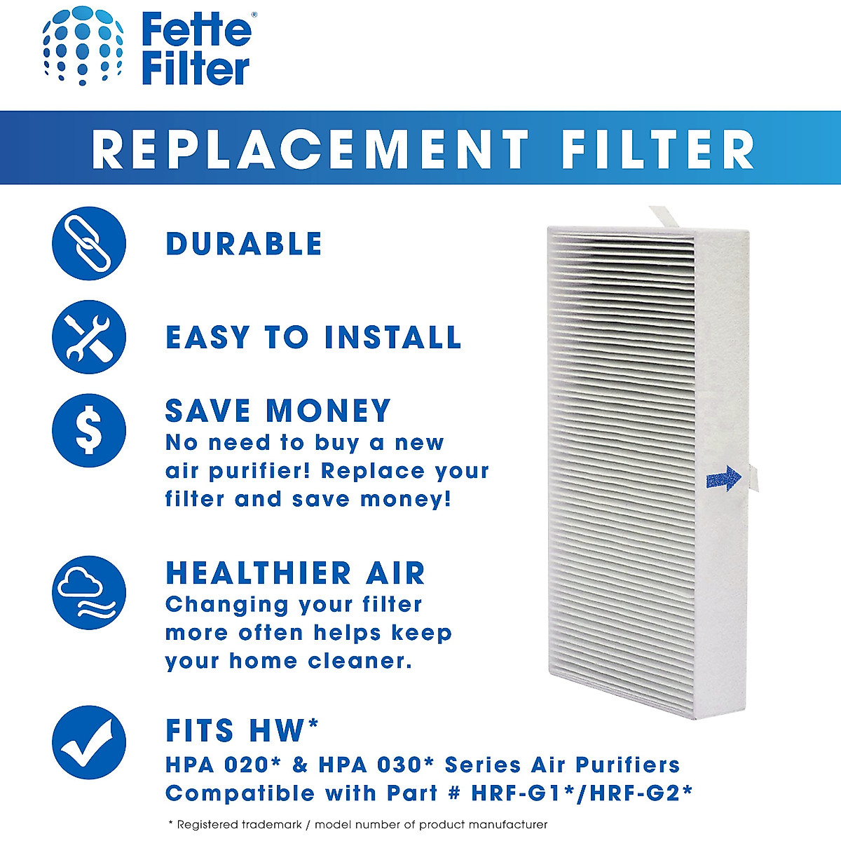 Fette Filter - Air Purifier Replacement Filter Compatible with Honeywell Filter G for HPA020 HPA030 HPA075 HPA080 HPA175 HPA180 Series Air Purifiers. Compare to part HRF-G1 / HRF-G2 (Pack of 2)