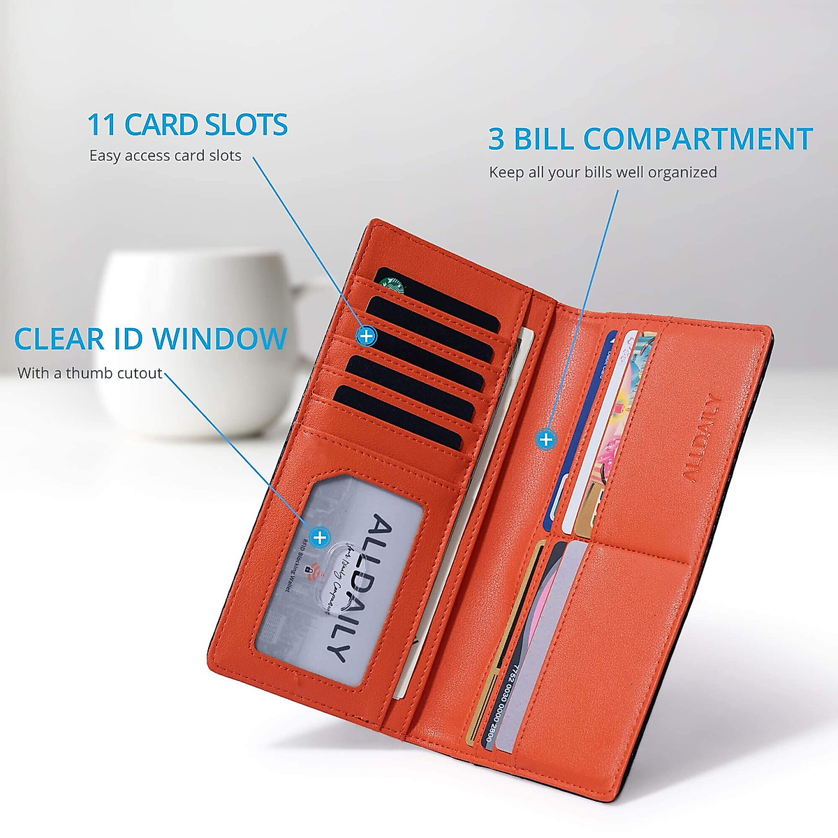 Alldaily Bifold Long Slim Wallets for men, Leather RFID Blocking Credit Card Holder with ID Window