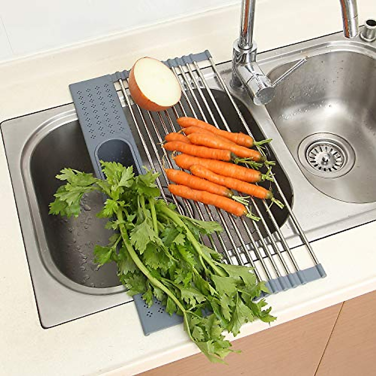 N/A2 Roll Up Dish Drying Rack - Over The Sink Drying Rack with Utensil Holder + Multipurpose Sink Cover Stainless Steel Silicone Portable Dish Draining and Folding Strainer for Mom!