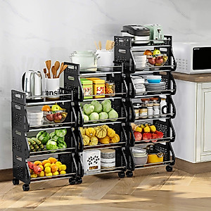 Baboies 5 Tier Fruit Vegetable Basket, Stackable Storage Cart with Wheels, Utility Rolling Stand Rack for Kitchen, Pantry, Garage, Produce, Onion, Potato