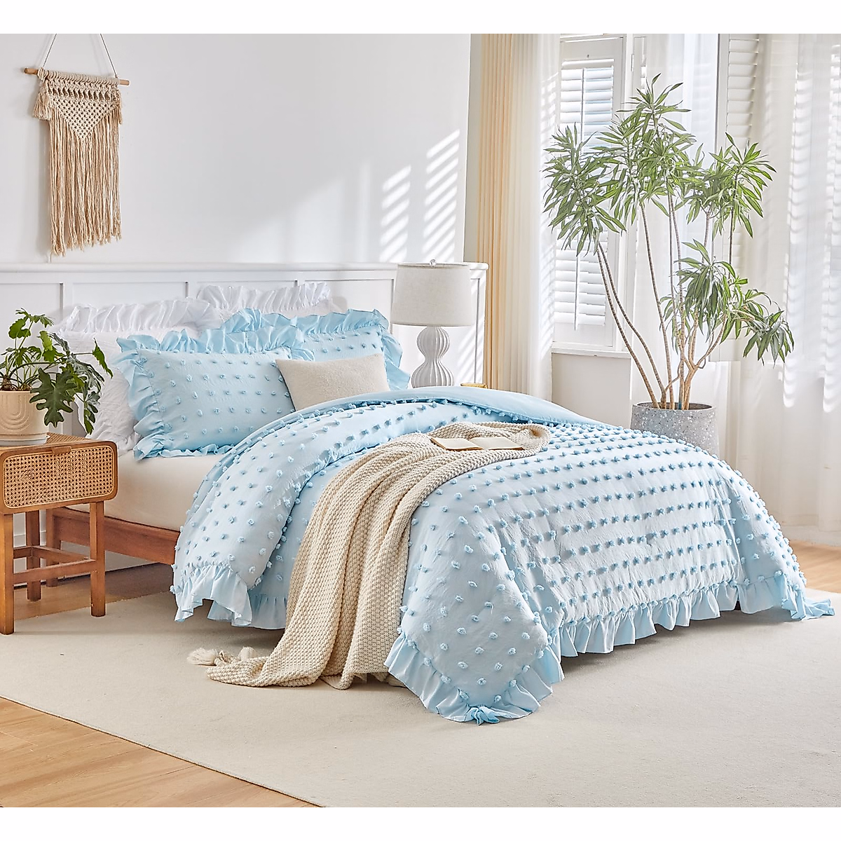Tufted Dots Ruffle Comforter Set Twin Size, 3 Pieces Blue Ruffled Farmhouse Comforters, Luxury Embroidery Shabby Chic Pom Pom Tufts Boho Bohemian Bedding Set for Kids(1 Comforter + 2 Pillowcases)