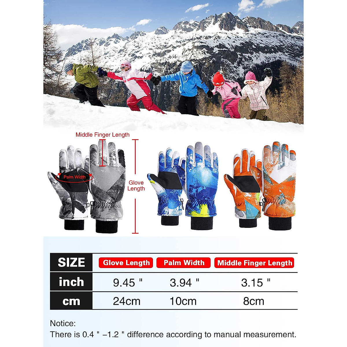 Century Star Kids Snow Gloves Warm Waterproof Gloves for Girls Boys Winter Gloves for Kids Ski Gloves Waterproof Orange 8-14 Years