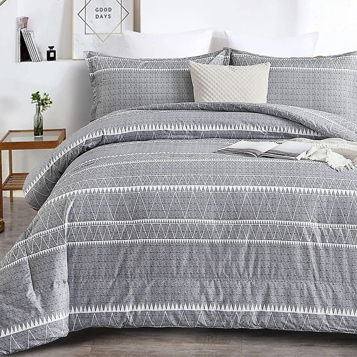 WONGS BEDDING Grey Comforter Set Queen, Soft Microfiber Reversible Gray Boho Down Alternative Comforter Set for Queen Bed- 3 Pieces (1 Solid Comforter + 2 Pillowcases), Bedding Duvet Set 90"x 90"