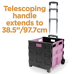 Inspired Living Ultra-Slim Rolling Collapsible Storage Pack-N-Roll Utility-carts, with Telescopic Handle, for Home, Garden, Shopping, Office, School use, Large, Pink & Black
