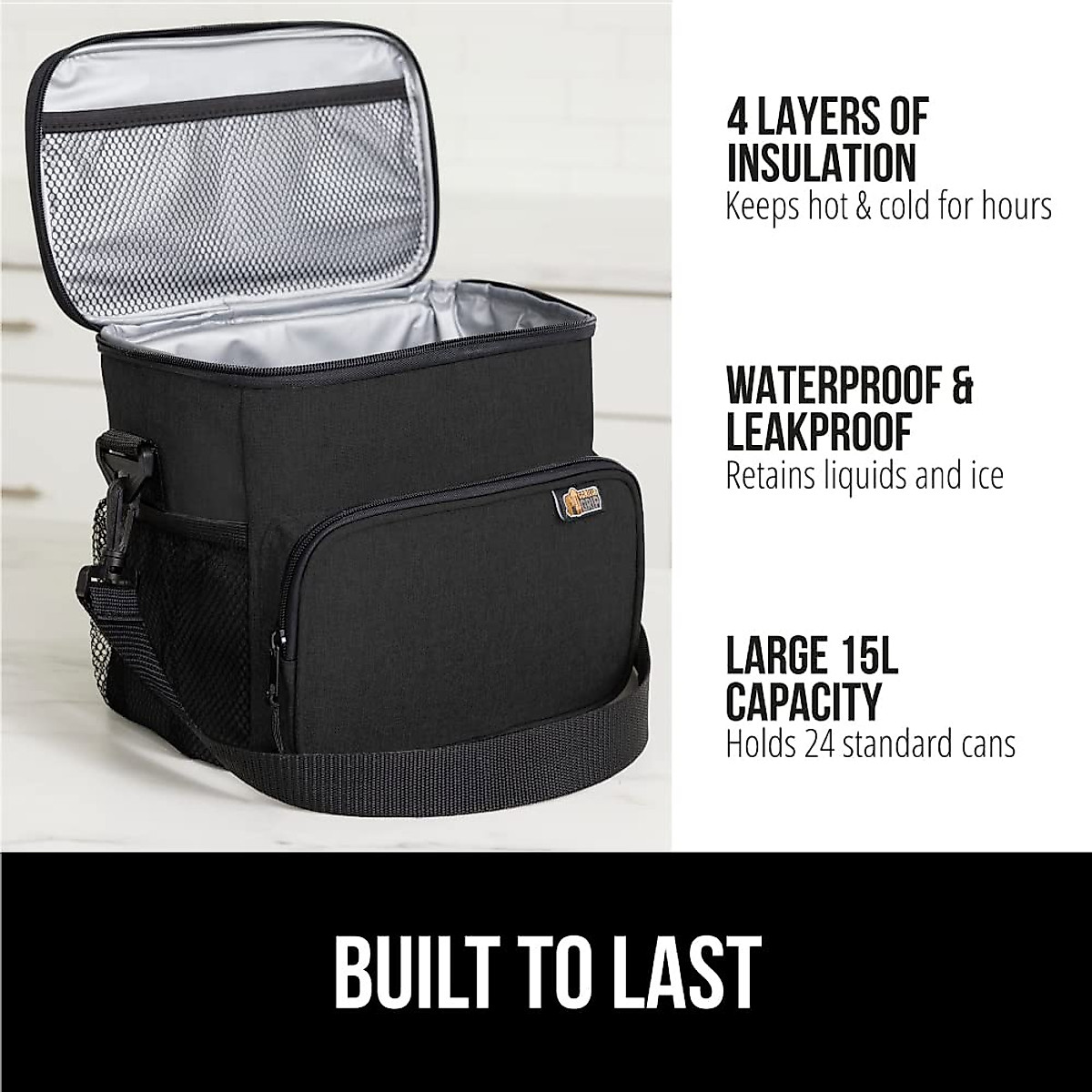 Gorilla Grip Reusable Insulated Lunch Bag, 15 Liter Large Capacity, Leakproof Soft Cooler Bags with Mesh Pockets, Lightweight Food Tote Box for Work, Camping, Picnic, School, Keep Drinks Cold, Black