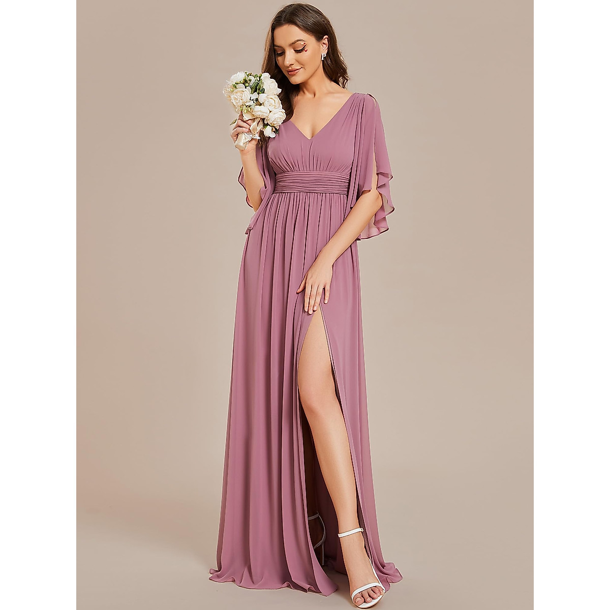 Ever-Pretty Women's V Neck A Line Split Half Sleeves Floor Length Chiffon Ball Gowns Orchid US16