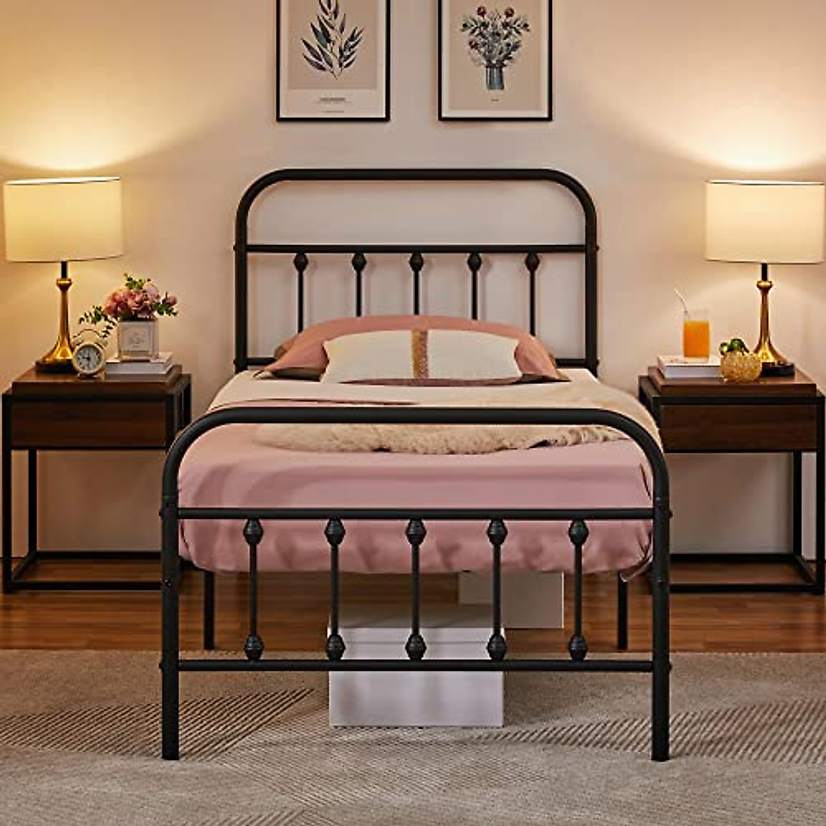 Topeakmart Twin XL Size Victorian Style Metal Bed Frame with Headboard/Mattress Foundation/No Box Spring Needed/Under Bed Storage/Strong Slat Support Black