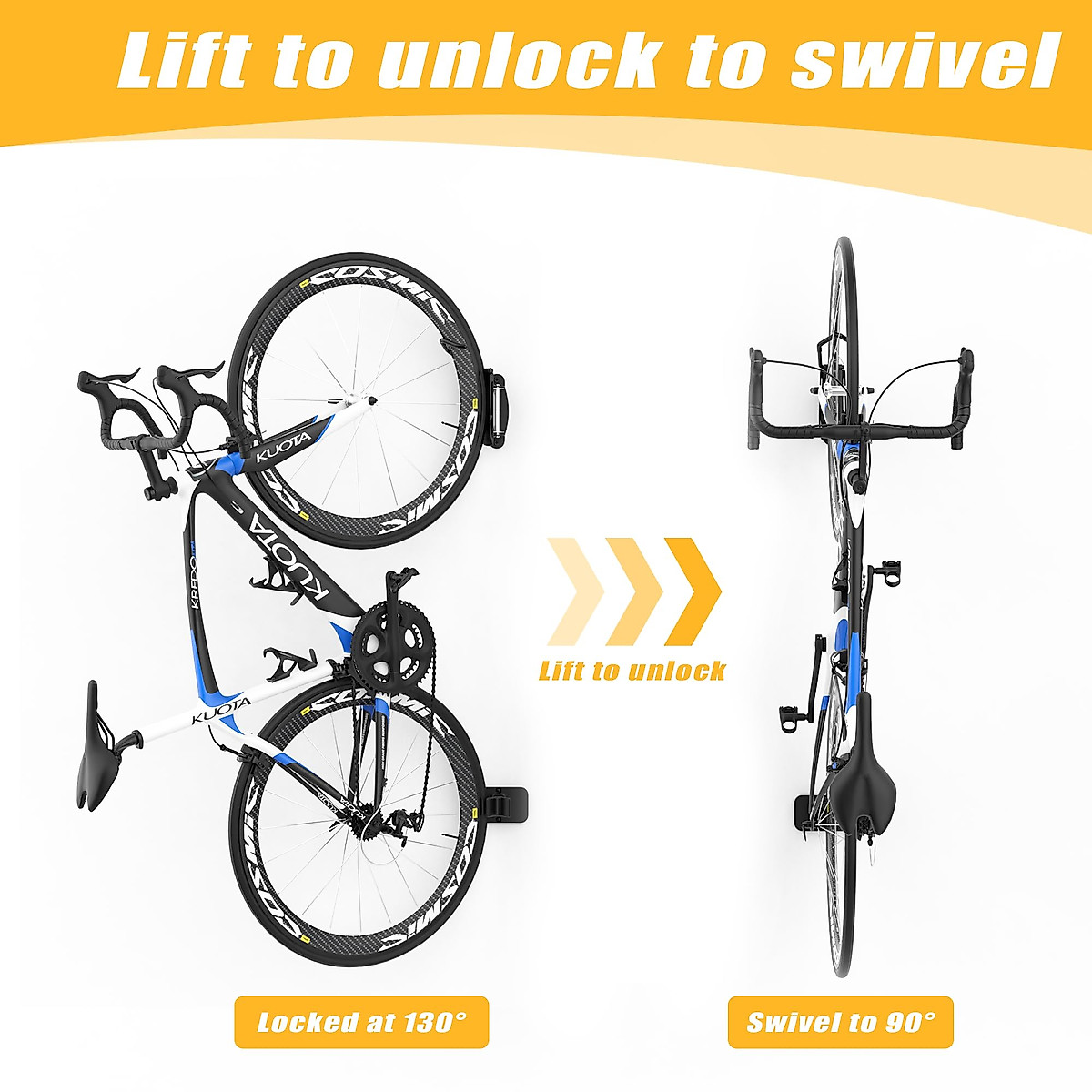 TORACK Wall Mount Swivel Bike Rack with Locking Mechanism, Bike Hangers for Garage Wall Vertical Space Saving Bike Wall Mount Garage Home Bike Storage, Pack of 2