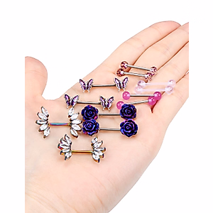 Kadogohno Nipple Rings for Women Nipple Piercing Jewelry 14G Green Rainbow Butterfly Nipple Rings Surgical Steel Screw Nipplerings Nipple Shield Ring Barbell Body Piercing Jewelry Set 9/16 Inch 14mm