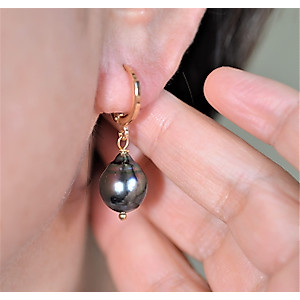 14K Gold Filled Genuine Tahitian Black Pearl Hoop Earrings for Women