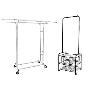 Fishat Heavy Duty Double Rod Garment Rack & Laundry Hamper Butler Cart Basket