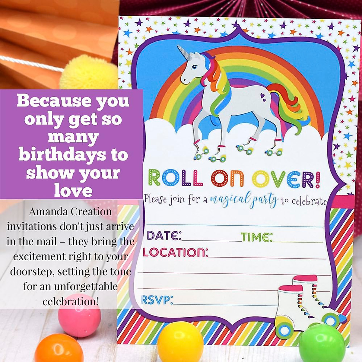 Colorful Unicorn Rainbow Roller Skating Birthday Party Invitations, 20 5x7 Fill In Cards with Twenty White Envelopes by AmandaCreation