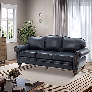 HULALA HOME 81'' Upholstered Leather Sofa with Removable Cushion, Mid-Century Modern Living Room 3-Seater Couch, Full Grain Leather Couch with Nailhead Trim and Rolled Arm for Bedroom Apartment, Navy