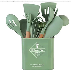 13 Pcs Chef Kitchen Cooking Utensils Set, Silicone Kitchen Gadgets Utensil Set （Olive Green）