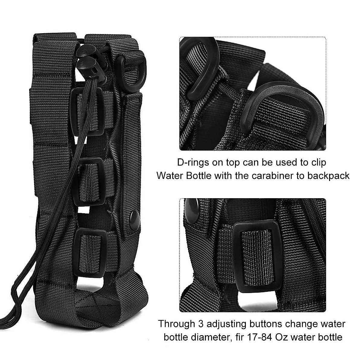 WICHEMI MOLLE Water Bottle Pouch Minimalist Adjustable Straps Tactical Water Bottle Holder Kettle Pouch Belt Bottle Carrier Bag for 17-84 Oz Water Bottle (Black)